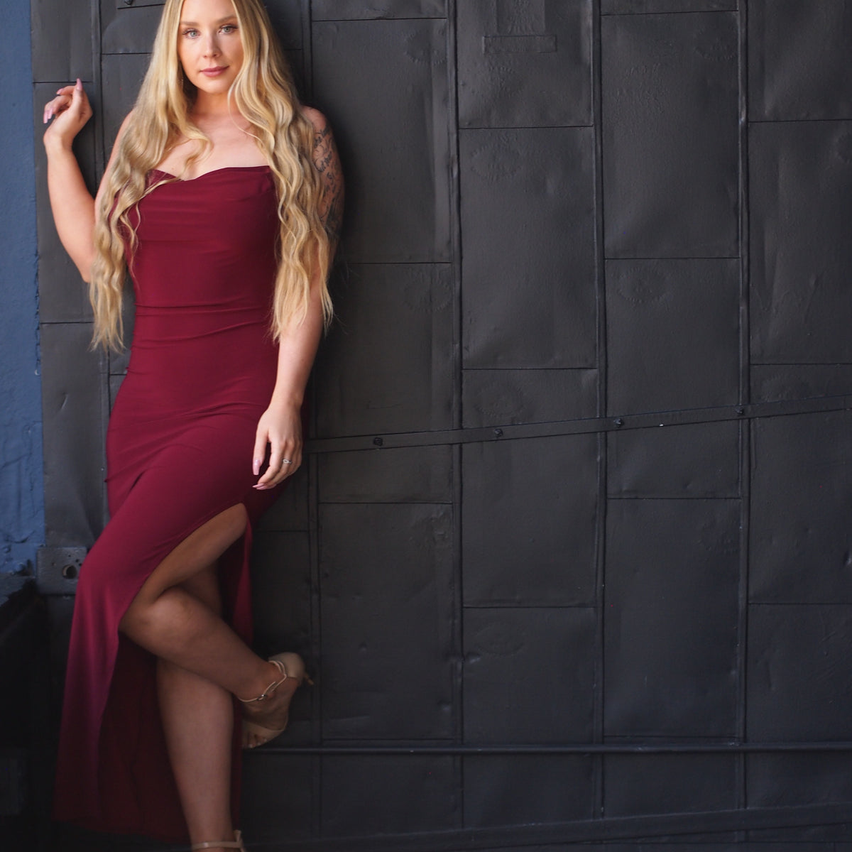 Cowl Neck Open Tie Back Maxi Dress + Thigh Slit – House of Miri